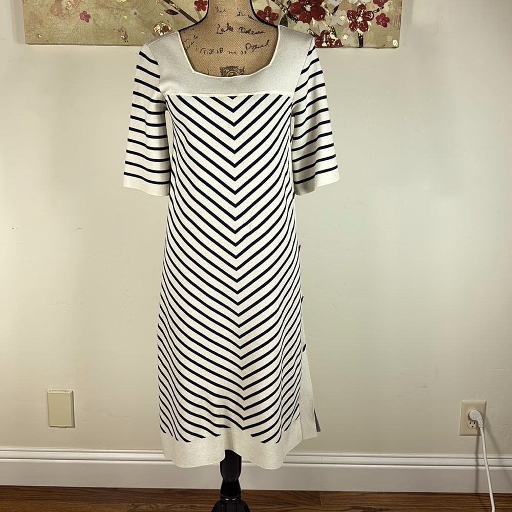 Tory Burch Anya Dress Ivory White Navy Blue Stripe Bu… - Gem
